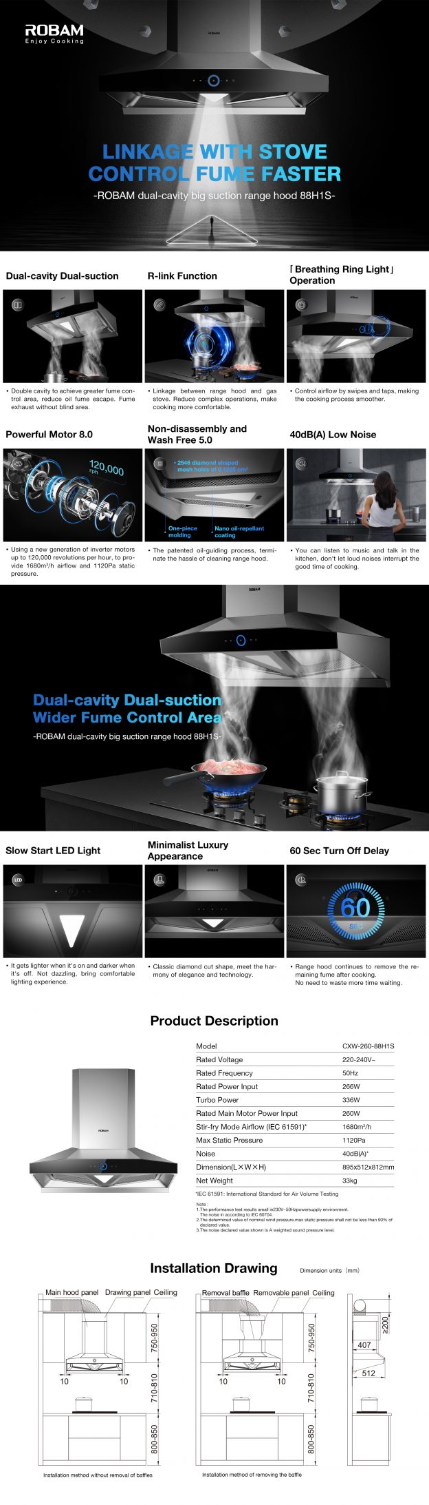 Robam dual-cavit big suction range hood 88H1S - robam
