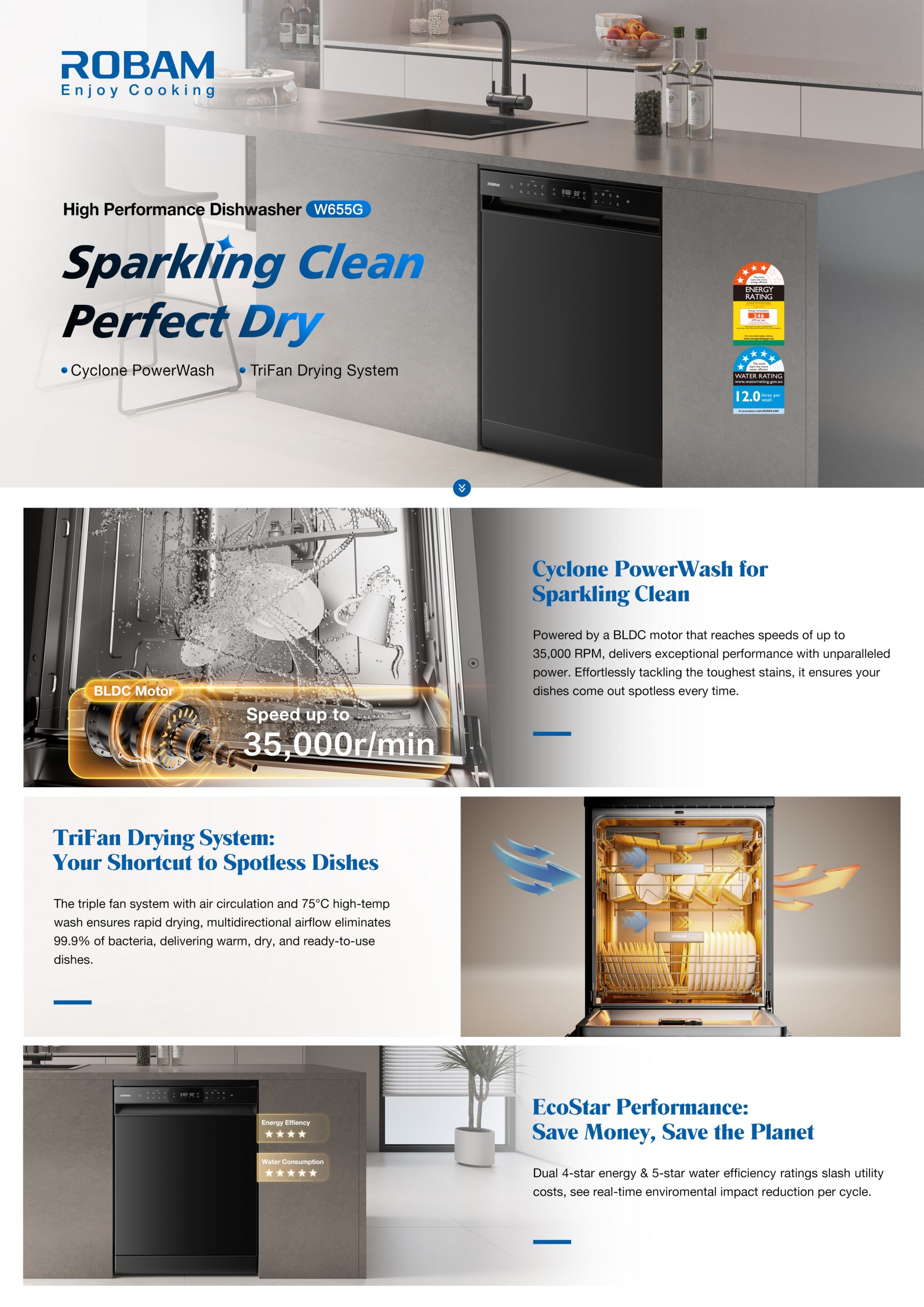 High Performance Dishwasher(W655G)｜Free Standing - robam
